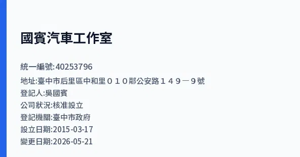 國賓汽車工作室的照片-統編 40253796(臺中市) 公司登記資料與營業項目詳細圖表