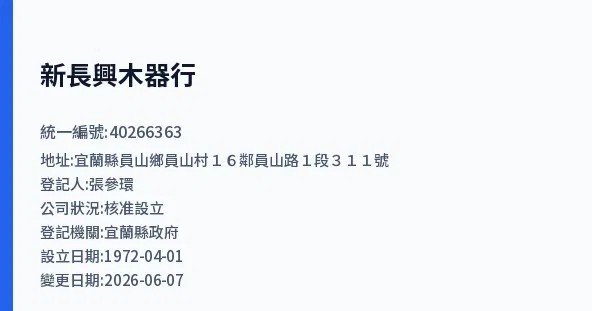 新長興木器行的照片-統編 40266363(宜蘭縣) 公司登記資料與營業項目詳細圖表