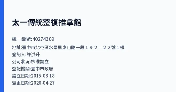 太一傳統整復推拿館的照片-統編 40274309(臺中市) 公司登記資料與營業項目詳細圖表