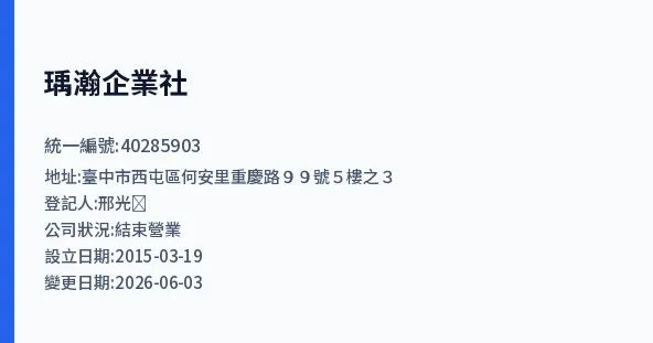 瑀瀚企業社的照片-統編 40285903(臺中市) 公司登記資料與營業項目詳細圖表