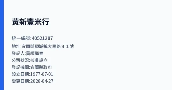 黃新豐米行的照片-統編 40521287(宜蘭縣) 公司登記資料與營業項目詳細圖表