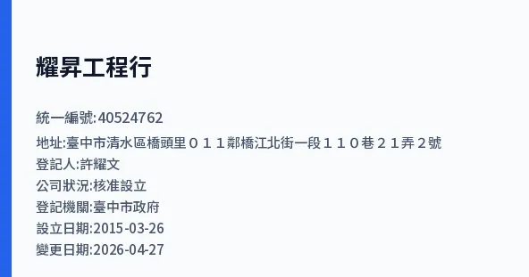 耀昇工程行的照片-統編 40524762(臺中市) 公司登記資料與營業項目詳細圖表