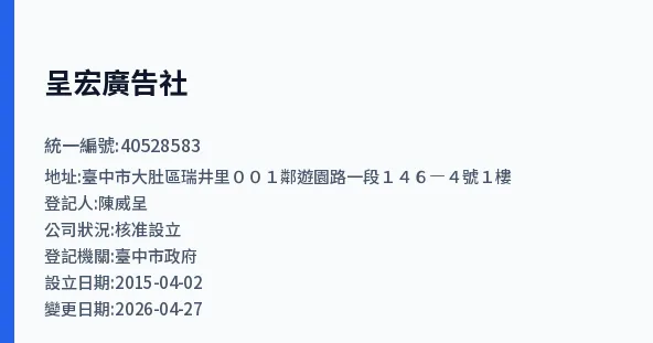 呈宏廣告社的照片-統編 40528583(臺中市) 公司登記資料與營業項目詳細圖表