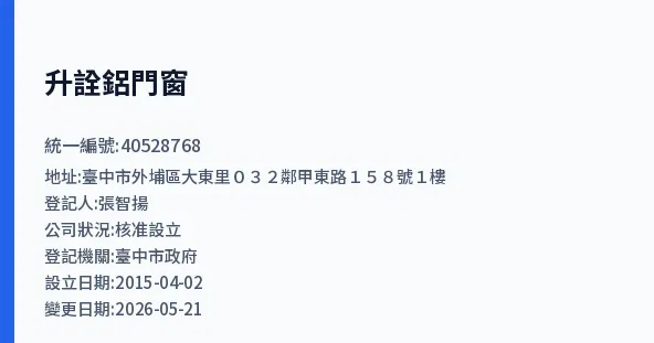 升詮鋁門窗的照片-統編 40528768(臺中市) 公司登記資料與營業項目詳細圖表