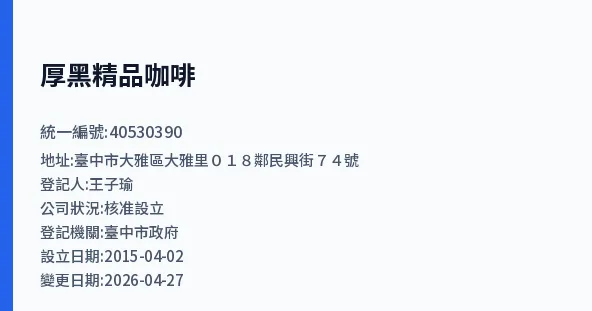 厚黑精品咖啡的照片-統編 40530390(臺中市) 公司登記資料與營業項目詳細圖表