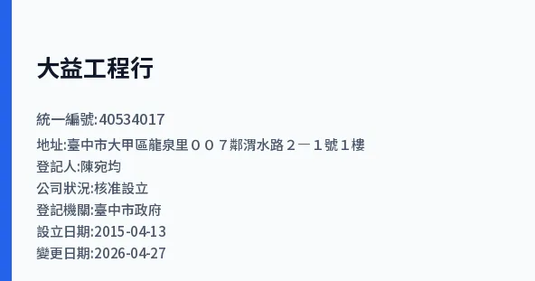 大益工程行的照片-統編 40534017(臺中市) 公司登記資料與營業項目詳細圖表