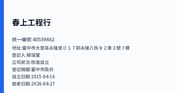 春上工程行的照片-統編 40539462(臺中市) 公司登記資料與營業項目詳細圖表