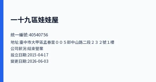 一十九區娃娃屋的照片-統編 40540756(臺中市) 公司登記資料與營業項目詳細圖表
