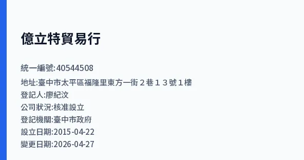億立特貿易行的照片-統編 40544508(臺中市) 公司登記資料與營業項目詳細圖表