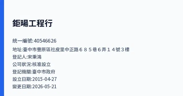鉅暘工程行的照片-統編 40546626(臺中市) 公司登記資料與營業項目詳細圖表