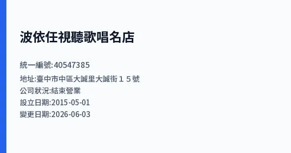 波依任視聽歌唱名店的照片-統編 40547385(臺中市) 公司登記資料與營業項目詳細圖表
