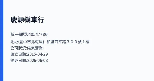 慶源機車行的照片-統編 40547786(臺中市) 公司登記資料與營業項目詳細圖表