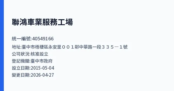 聯鴻車業服務工場的照片-統編 40549166(臺中市) 公司登記資料與營業項目詳細圖表