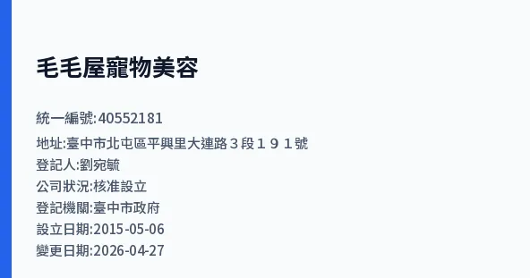毛毛屋寵物美容的照片-統編 40552181(臺中市) 公司登記資料與營業項目詳細圖表