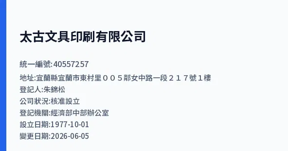 太古文具印刷有限公司的照片-統編 40557257(宜蘭縣) 公司登記資料與營業項目詳細圖表