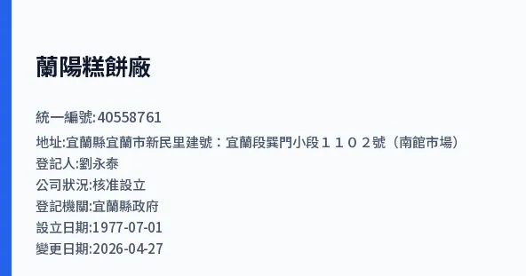 蘭陽糕餅廠的照片-統編 40558761(宜蘭縣) 公司登記資料與營業項目詳細圖表