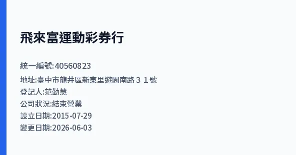 飛來富運動彩券行的照片-統編 40560823(臺中市) 公司登記資料與營業項目詳細圖表