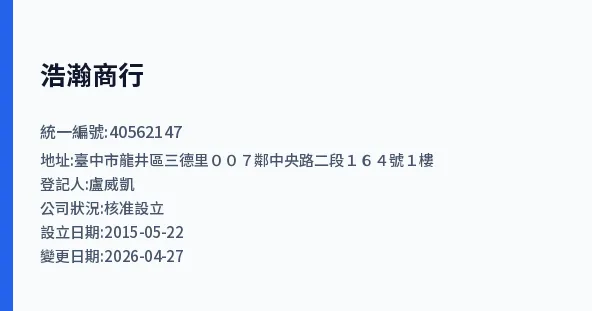 浩瀚商行的照片-統編 40562147(臺中市) 公司登記資料與營業項目詳細圖表