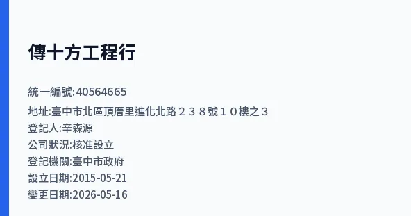 傳十方工程行的照片-統編 40564665(臺中市) 公司登記資料與營業項目詳細圖表