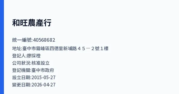 和旺農產行的照片-統編 40568682(臺中市) 公司登記資料與營業項目詳細圖表