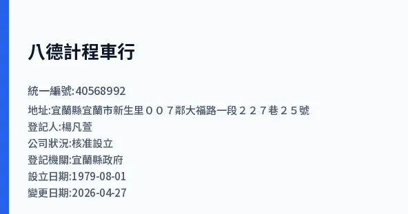 八德計程車行的照片-統編 40568992(宜蘭縣) 公司登記資料與營業項目詳細圖表