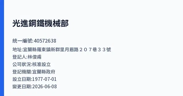 光進鋼鐵機械部的照片-統編 40572638(宜蘭縣) 公司登記資料與營業項目詳細圖表