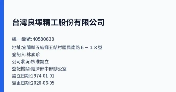 台灣良塚精工股份有限公司的照片-統編 40580638(宜蘭縣) 公司登記資料與營業項目詳細圖表
