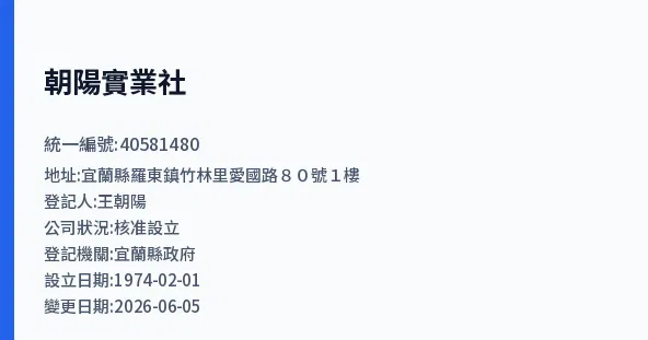 朝陽實業社的照片-統編 40581480(宜蘭縣) 公司登記資料與營業項目詳細圖表