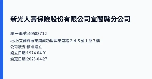 新光人壽保險股份有限公司宜蘭縣分公司的照片-統編 40583712(宜蘭縣) 公司登記資料與營業項目詳細圖表