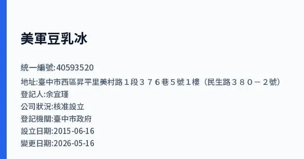 美軍豆乳冰的照片-統編 40593520(臺中市) 公司登記資料與營業項目詳細圖表