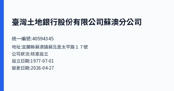 臺灣土地銀行股份有限公司蘇澳分公司的照片-統編 40594345(宜蘭縣) 公司登記資料與營業項目詳細圖表