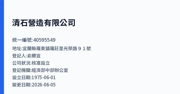 清石營造有限公司的照片-統編 40595549(宜蘭縣) 公司登記資料與營業項目詳細圖表