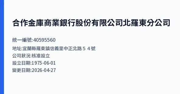 合作金庫商業銀行股份有限公司北羅東分公司的照片-統編 40595560(宜蘭縣) 公司登記資料與營業項目詳細圖表