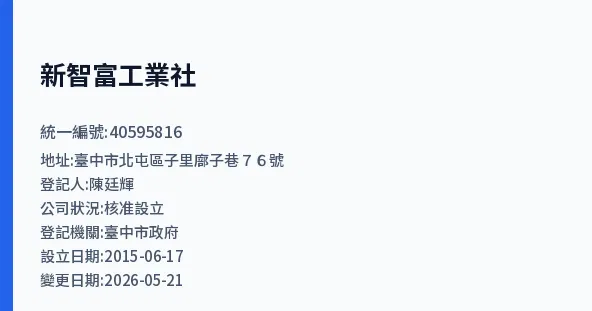 新智富工業社的照片-統編 40595816(臺中市) 公司登記資料與營業項目詳細圖表