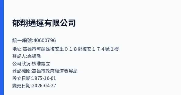 郁翔通運有限公司的照片-統編 40600796(高雄市) 公司登記資料與營業項目詳細圖表