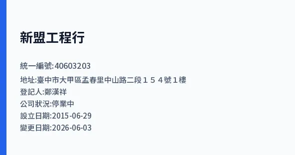 新盟工程行的照片-統編 40603203(臺中市) 公司登記資料與營業項目詳細圖表