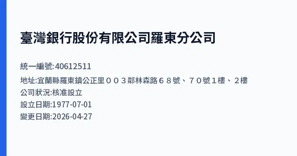 臺灣銀行股份有限公司羅東分公司的照片-統編 40612511(宜蘭縣) 公司登記資料與營業項目詳細圖表