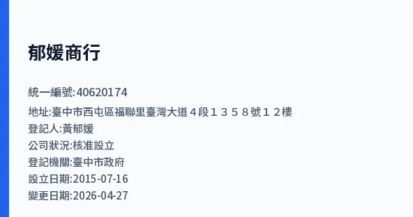 郁媛商行的照片-統編 40620174(臺中市) 公司登記資料與營業項目詳細圖表