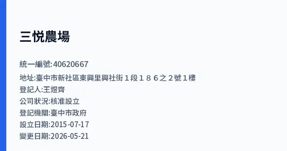 三悦農場的照片-統編 40620667(臺中市) 公司登記資料與營業項目詳細圖表