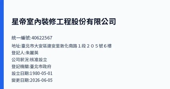 星帝室內裝修工程股份有限公司的照片-統編 40622567(臺北市) 公司登記資料與營業項目詳細圖表