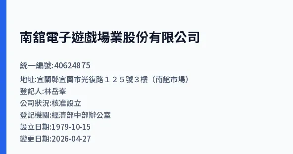 南舘電子遊戲場業股份有限公司的照片-統編 40624875(宜蘭縣) 公司登記資料與營業項目詳細圖表