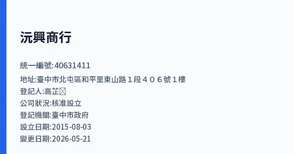 沅興商行的照片-統編 40631411(臺中市) 公司登記資料與營業項目詳細圖表