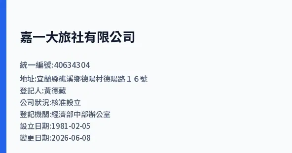 嘉一大旅社有限公司的照片-統編 40634304(宜蘭縣) 公司登記資料與營業項目詳細圖表