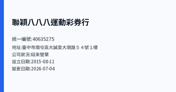 聯穎八八八運動彩券行的照片-統編 40635275(臺中市) 公司登記資料與營業項目詳細圖表
