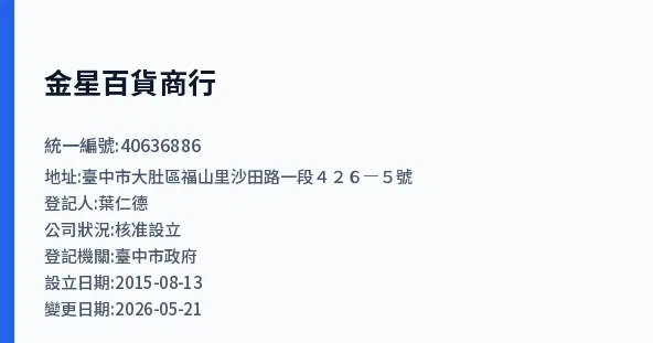 金星百貨商行的照片-統編 40636886(臺中市) 公司登記資料與營業項目詳細圖表