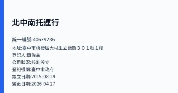 北中南托運行的照片-統編 40639286(臺中市) 公司登記資料與營業項目詳細圖表