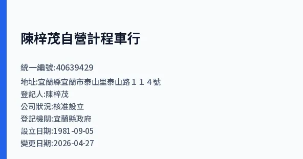 陳梓茂自營計程車行的照片-統編 40639429(宜蘭縣) 公司登記資料與營業項目詳細圖表