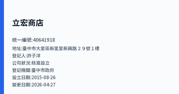 立宏商店的照片-統編 40641918(臺中市) 公司登記資料與營業項目詳細圖表