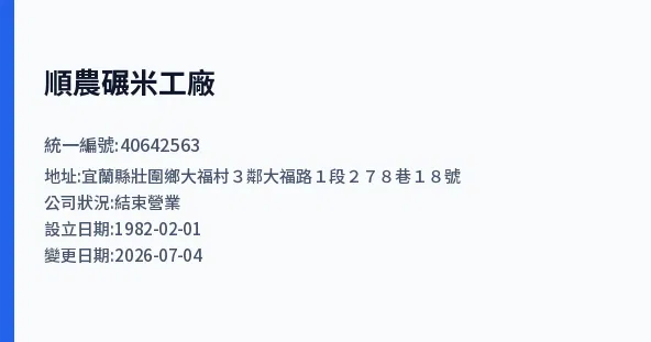 順農碾米工廠的照片-統編 40642563(宜蘭縣) 公司登記資料與營業項目詳細圖表
