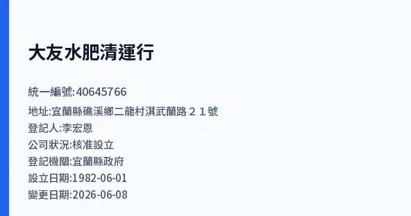 大友水肥清運行的照片-統編 40645766(宜蘭縣) 公司登記資料與營業項目詳細圖表